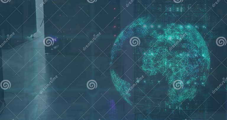 Image Of Globe Rotating Multiple Graphs And Numbers Grid Over Data Server Racks Stock Image