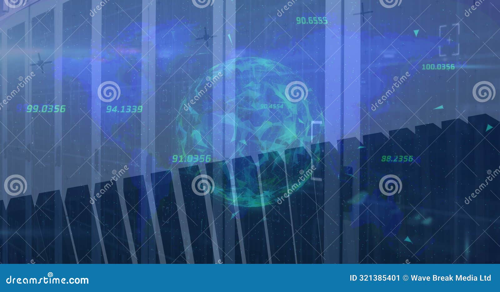 Image of Globe Rotating and Multiple Graphs with Numbers Over Data Server Racks Stock Image ...