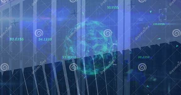 Image Of Globe Rotating And Multiple Graphs With Numbers Over Data Server Racks Stock Image