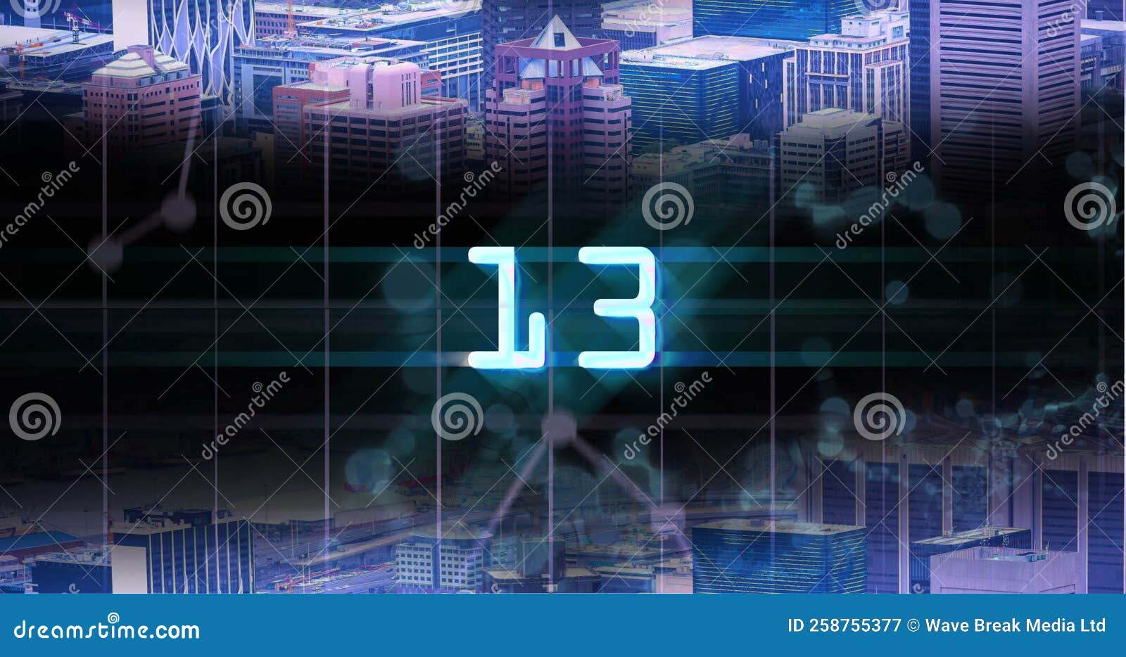 Image of Glowing Blue Digital Number Thirteen in Countdown Over ...