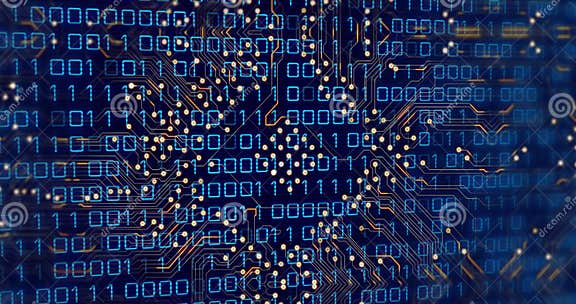Image of Glowing Golden Motherboard Over Binary Data Processing on Blue ...
