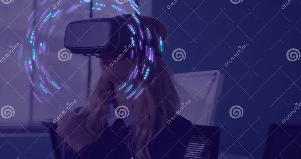 Image of Glowing Light Trails of Data Transfer Over Caucasian Woman in ...