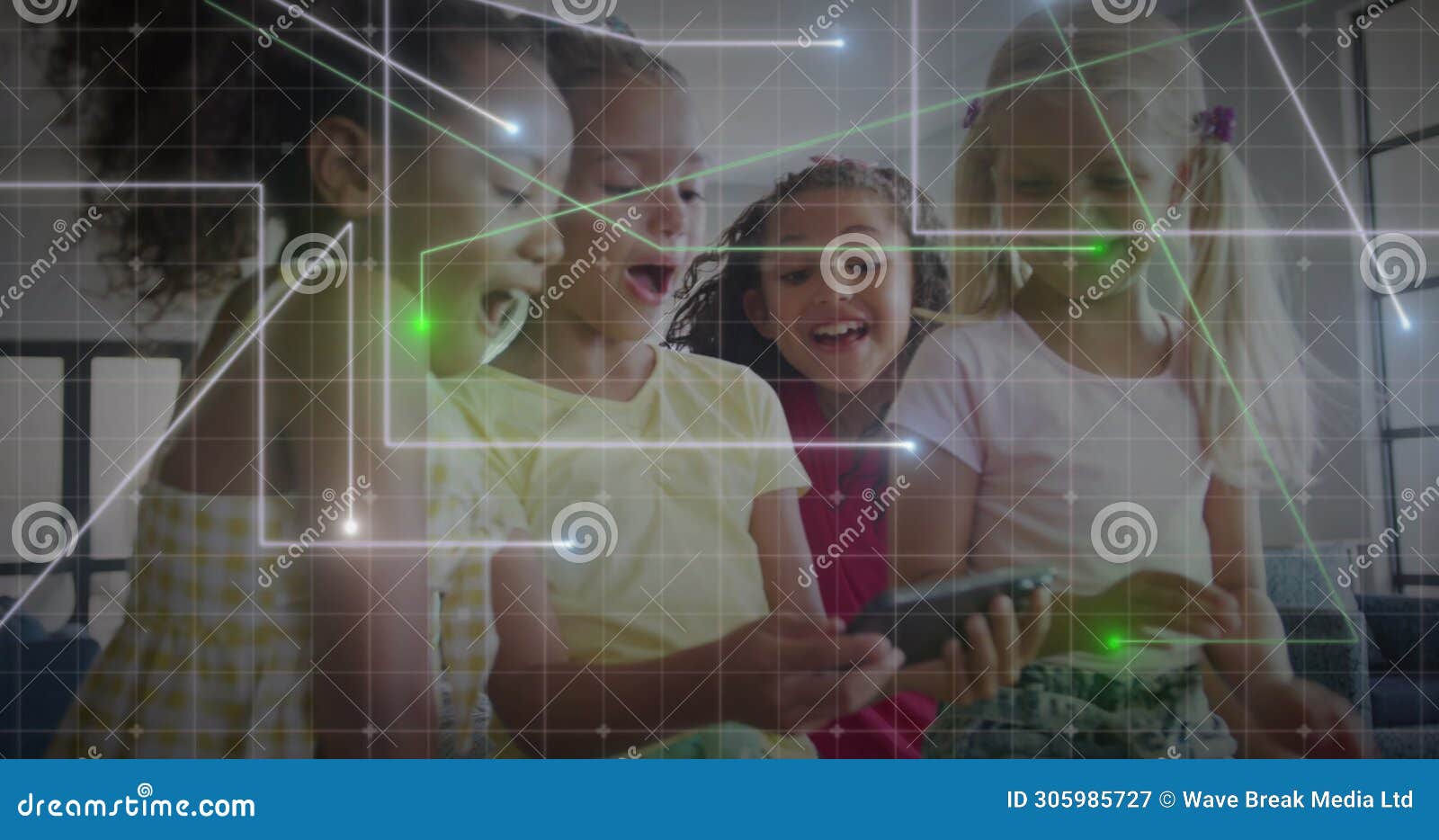 Image of Glowing Network Over Multiracial Schoolgirls Using Tablet at ...