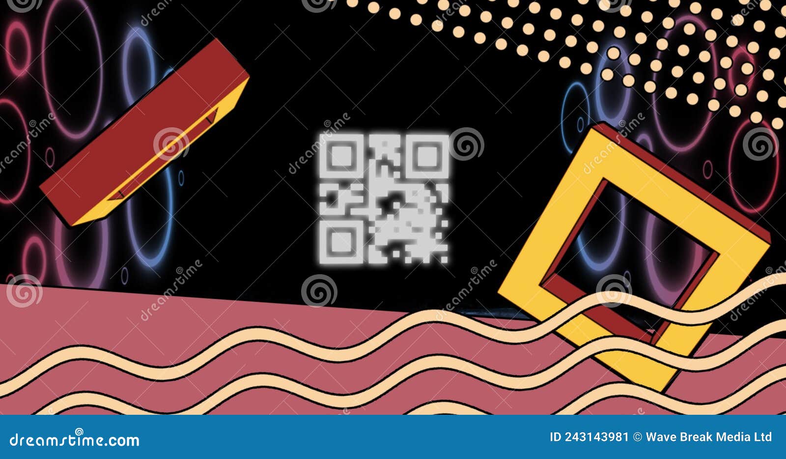Image of Glowing Qr Code Over Neon Geometric Shapes Stock Illustration ...