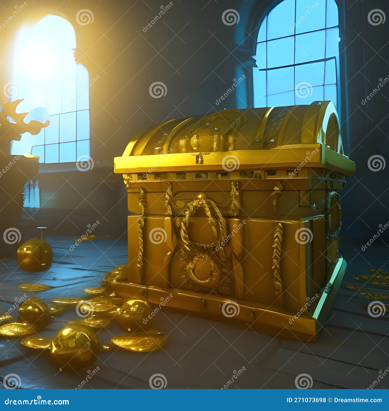 Golden chest with treasure stock illustration. Illustration of room ...