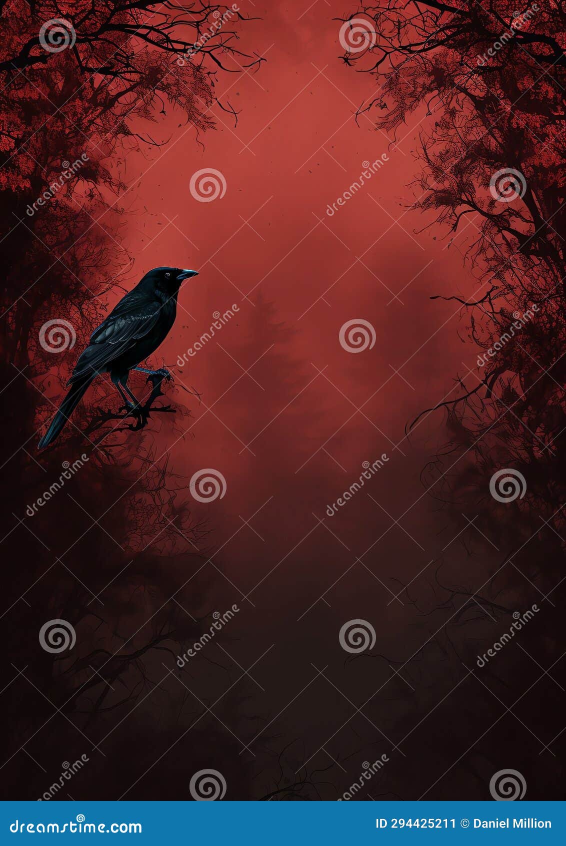Gothic Raven Perched in a Dark Red Crimson Moonlit Forest Halloween ...