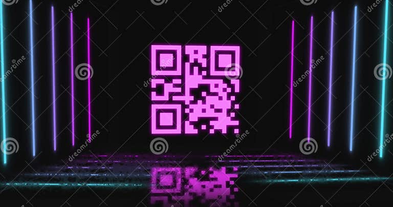 Image of Gr Code and Neon Lines in Black Space Stock Image - Image of ...