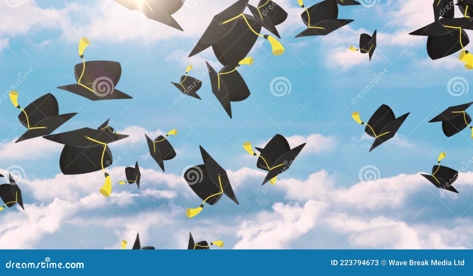 Image of Graduation Hats Falling Against Blue Sky Stock Illustration ...