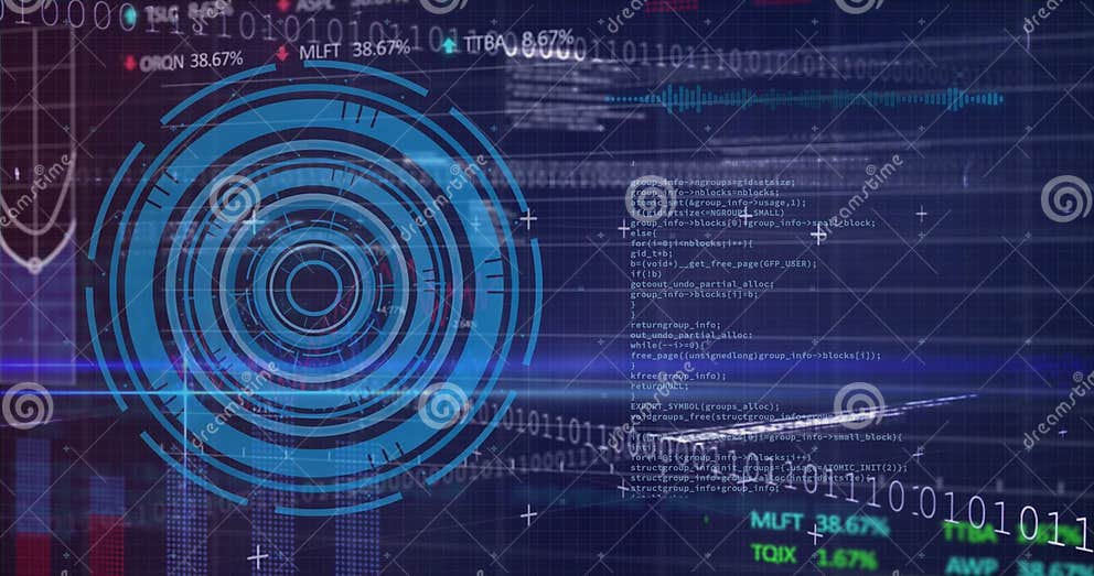 Image of Graph, Circles, Trading Board, Binary Codes and Computer Language Over Blue Background ...