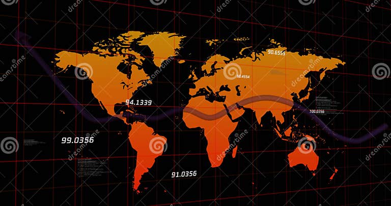 Image of Graph and Grid Pattern Over Map with Numbers Against Black ...