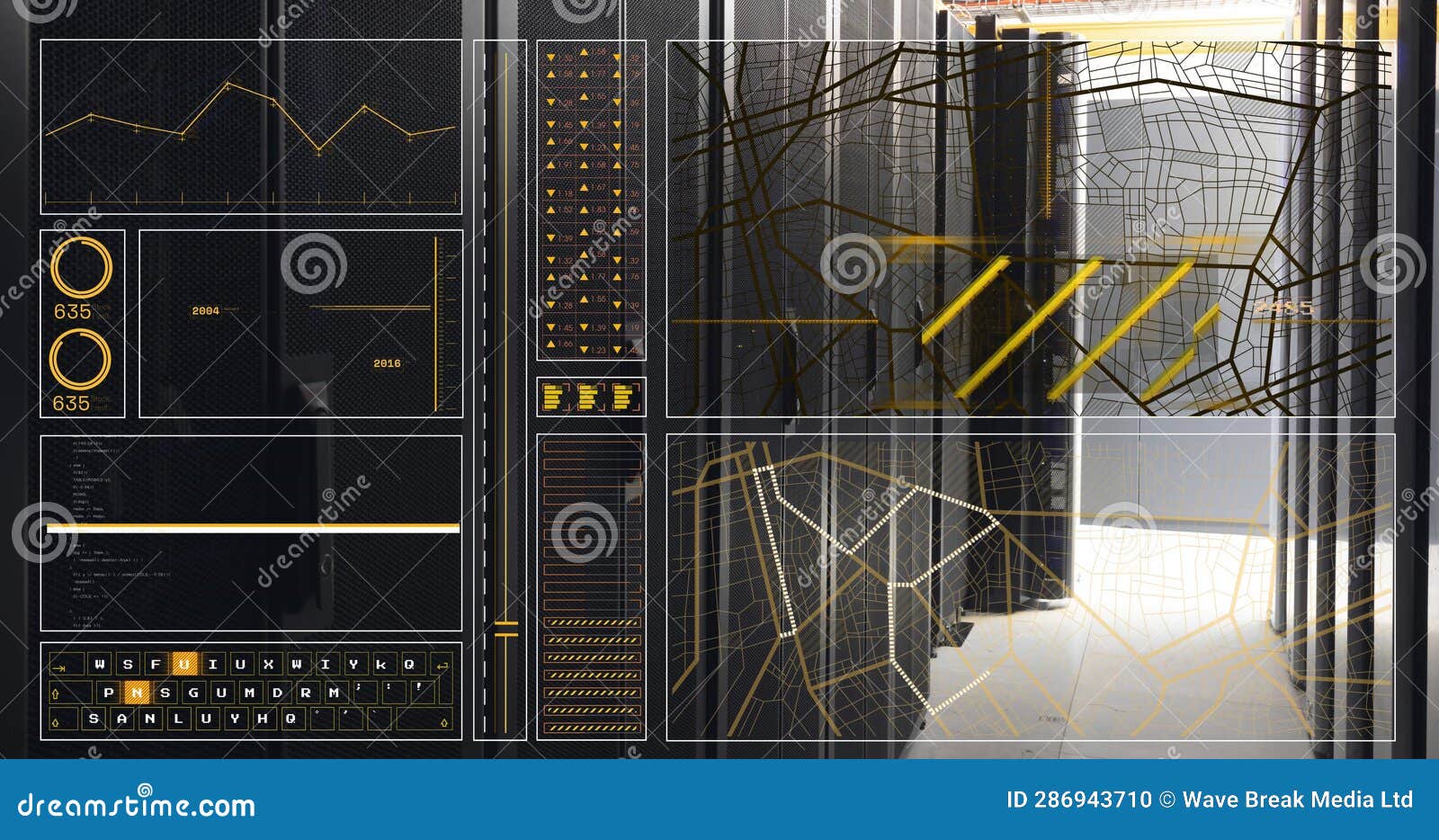Image of Graph, Loading Circles and Bars, Lines, Navigation Pattern Over Server Room Stock Photo ...