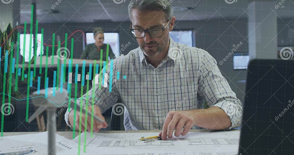 Image of Graph Processing Data Over Caucasian Male Architect Working on ...