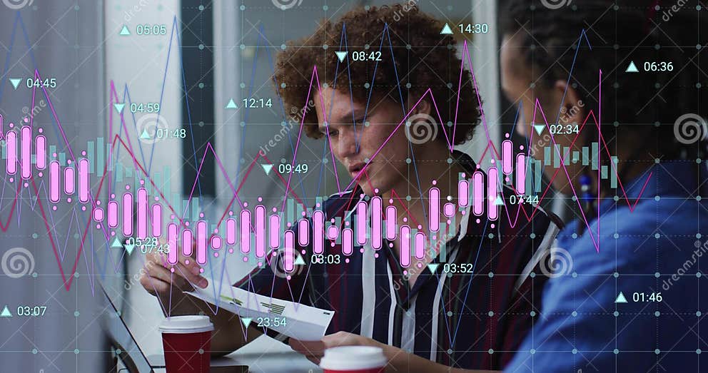 Image of Graph Processing Data Over Diverse Male Colleagues Talking at ...