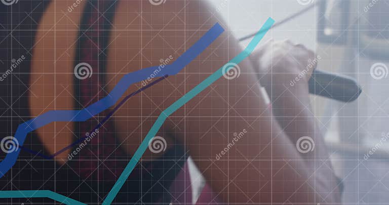 Image of Graph Processing Data Over Midsection of Biracial Woman Using Rowing Machine at Gym ...