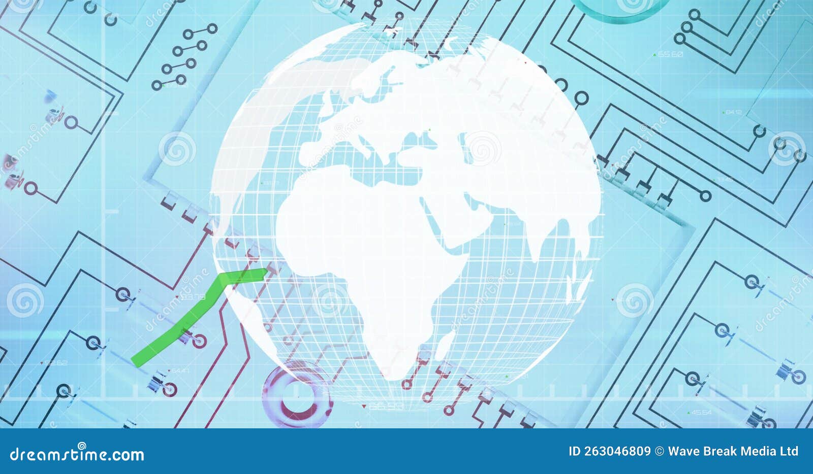 Image of a Graph Rolling with a Globe Spinning Over a Microprocessor ...