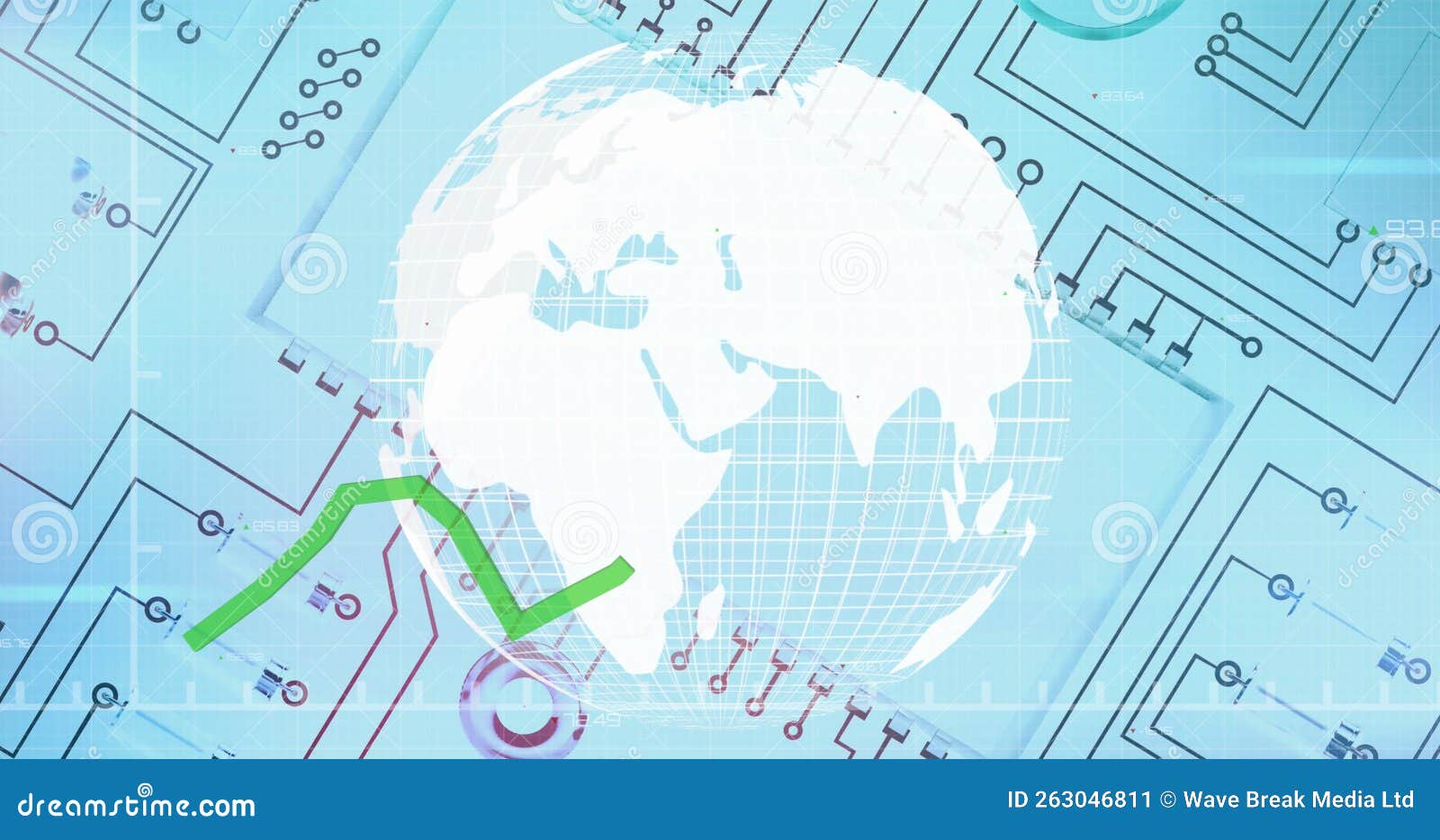 Image of a Graph Rolling with a Globe Spinning Over a Microprocessor ...
