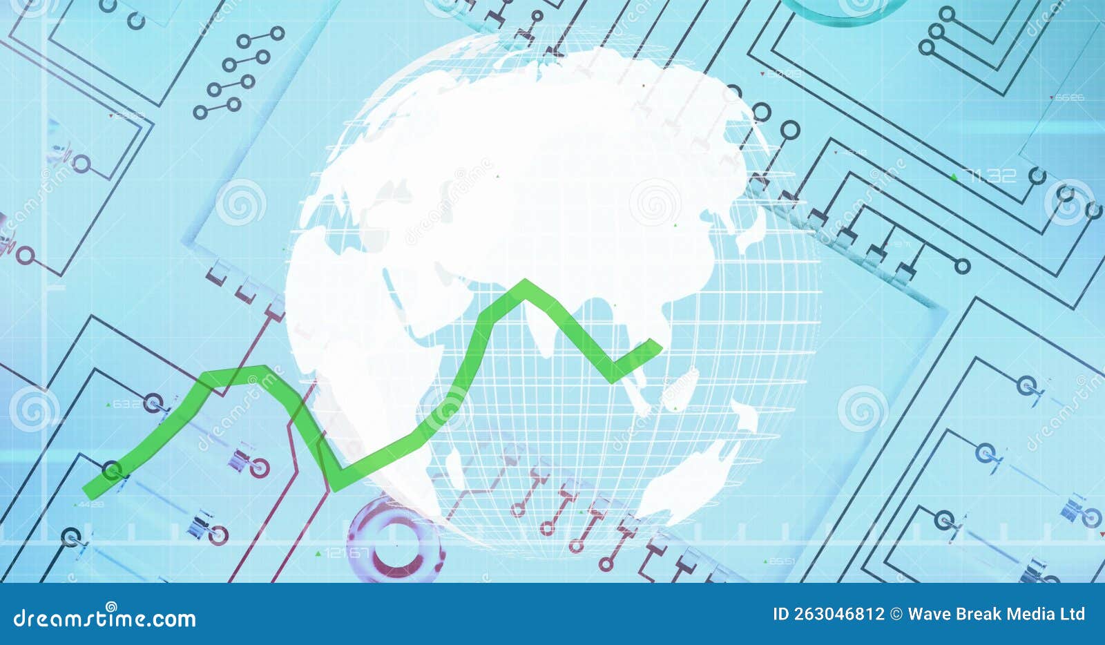 Image of a Graph Rolling with a Globe Spinning Over a Microprocessor ...