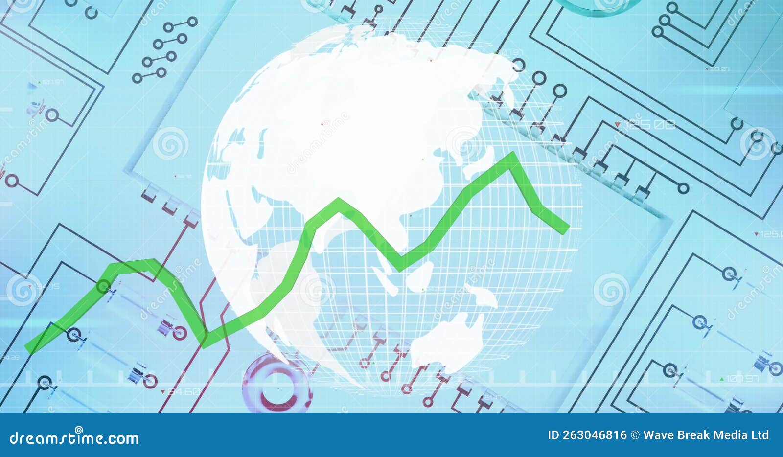 Image of a Graph Rolling with a Globe Spinning Over a Microprocessor ...