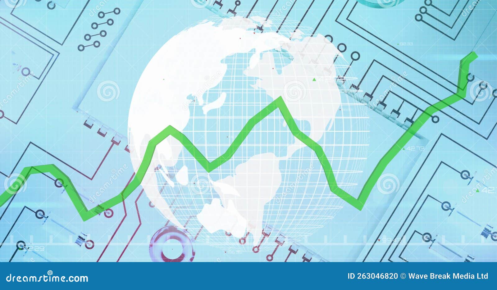 Image of a Graph Rolling with a Globe Spinning Over a Microprocessor ...
