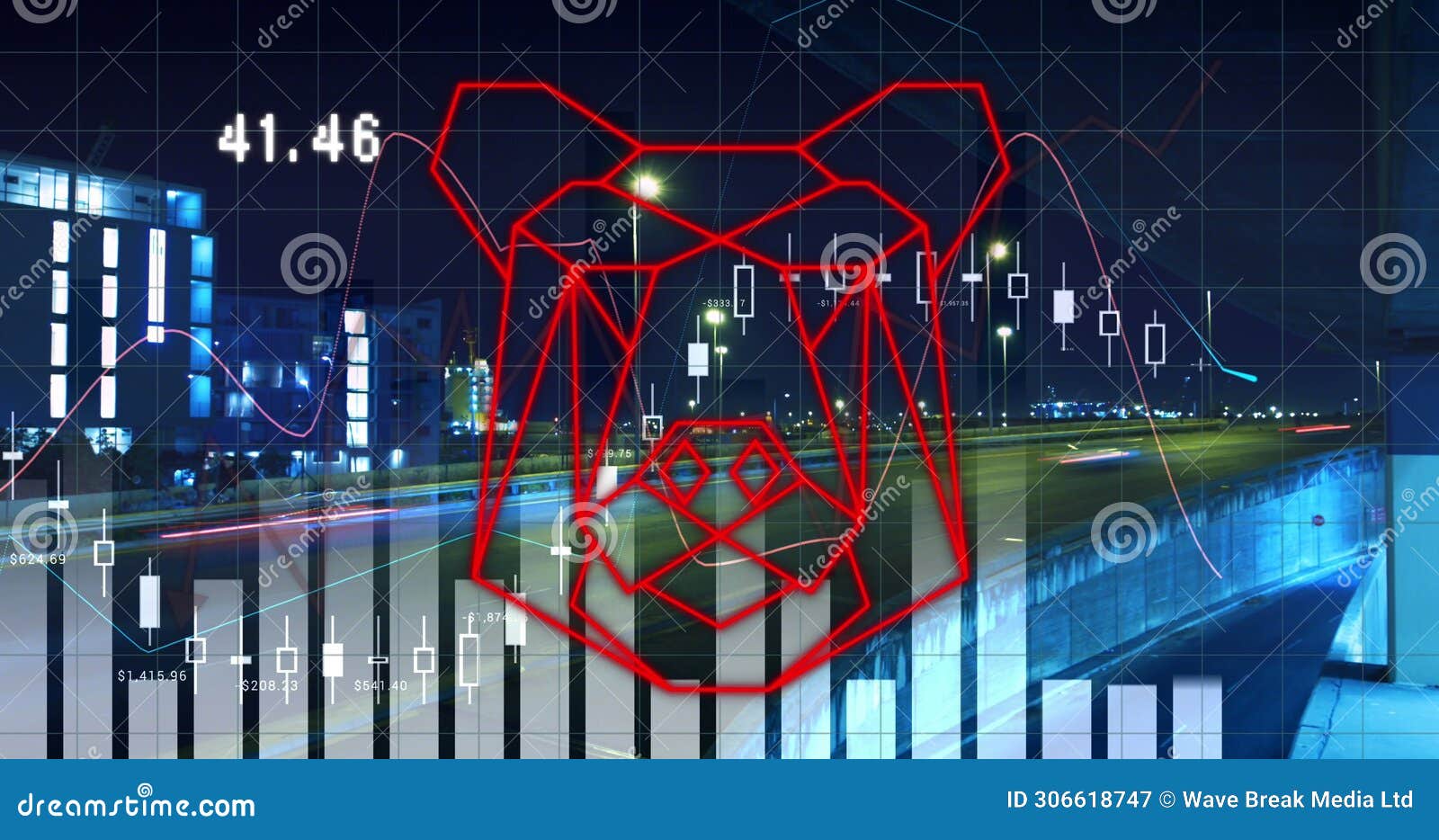 Image of Graphs and Bear Head Over Night Cityscape Stock Image - Image ...