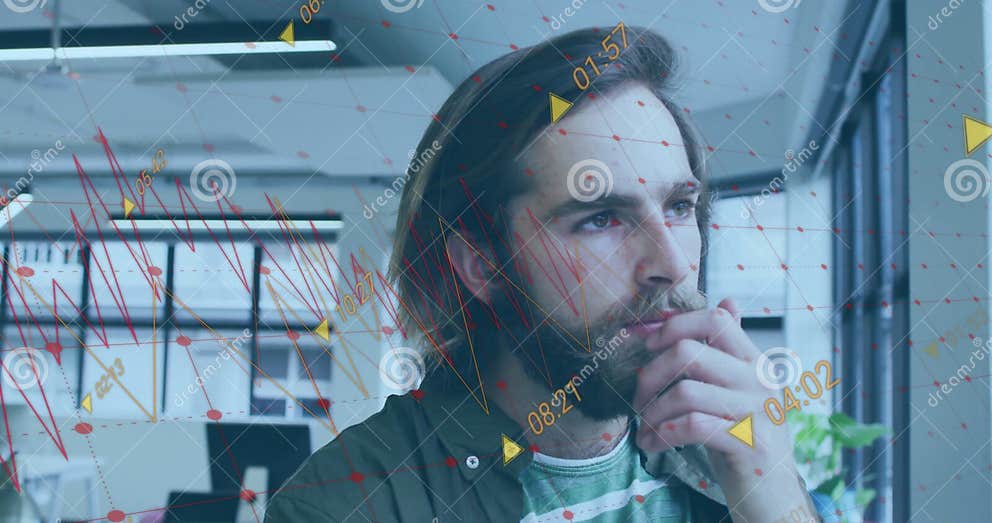 Image of Graphs and Changing Numbers, Thoughtful Caucasian Man Looking ...