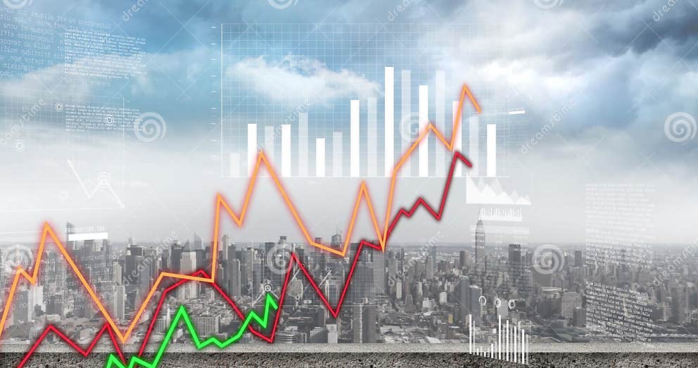 Image of Graphs and Charts Processing Data Over Cloudy Cityscape Stock Illustration ...