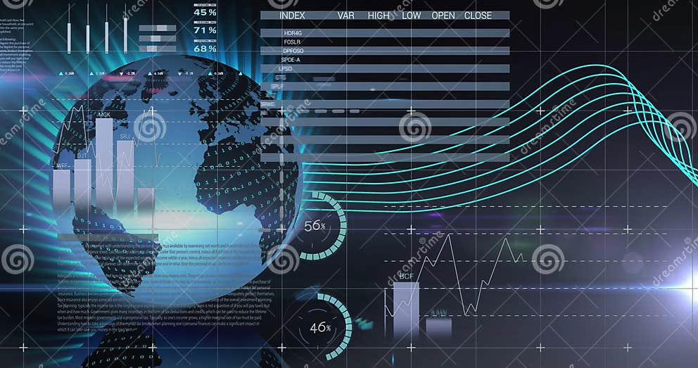 Image of Graphs Data and Information Moving on Screen Over Grid and ...