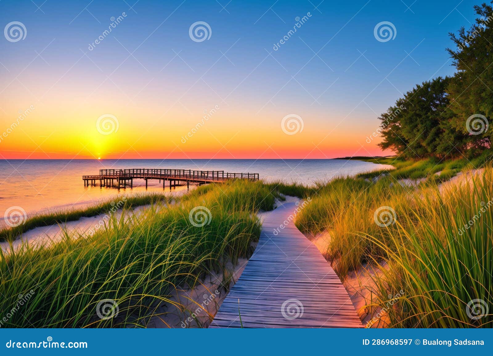 Green Bay Beach Sunset with Boardwalk Made with Generative AI Stock ...