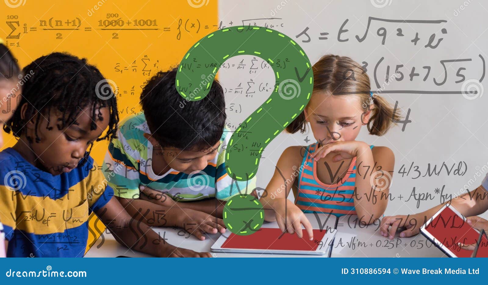 Image of Green Question Mark and Maths Equations Over Diverse Primary ...