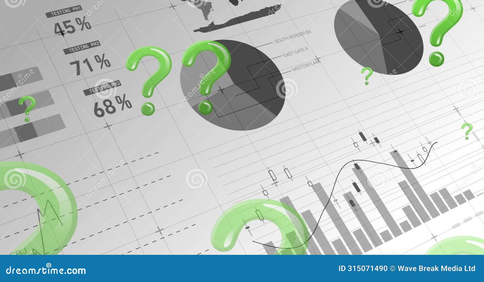 Image of Green Question Marks Flying Over Statistics Recording on White ...