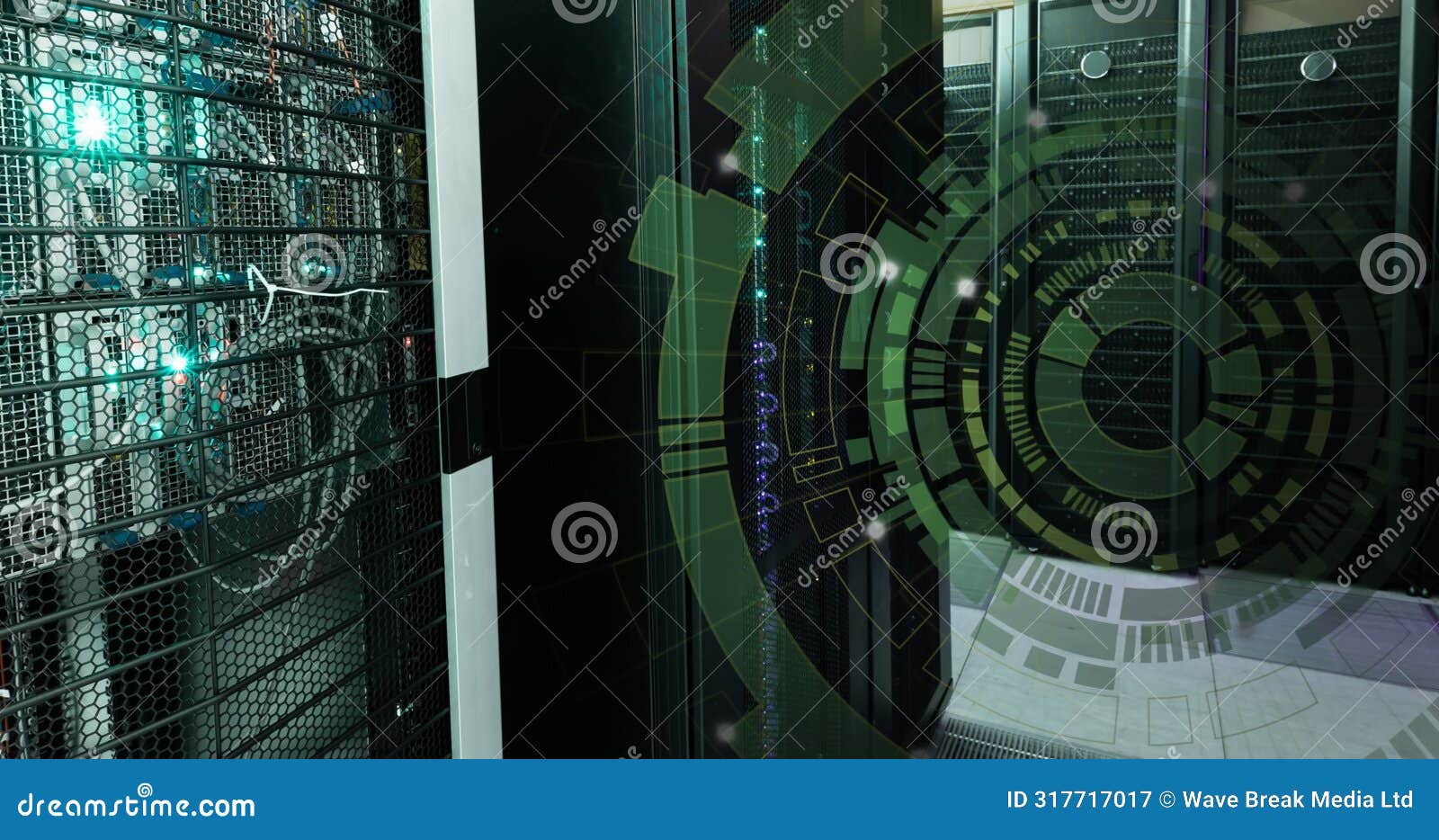 Image of Green Round Scanner Spinning Against Computer Server Room ...
