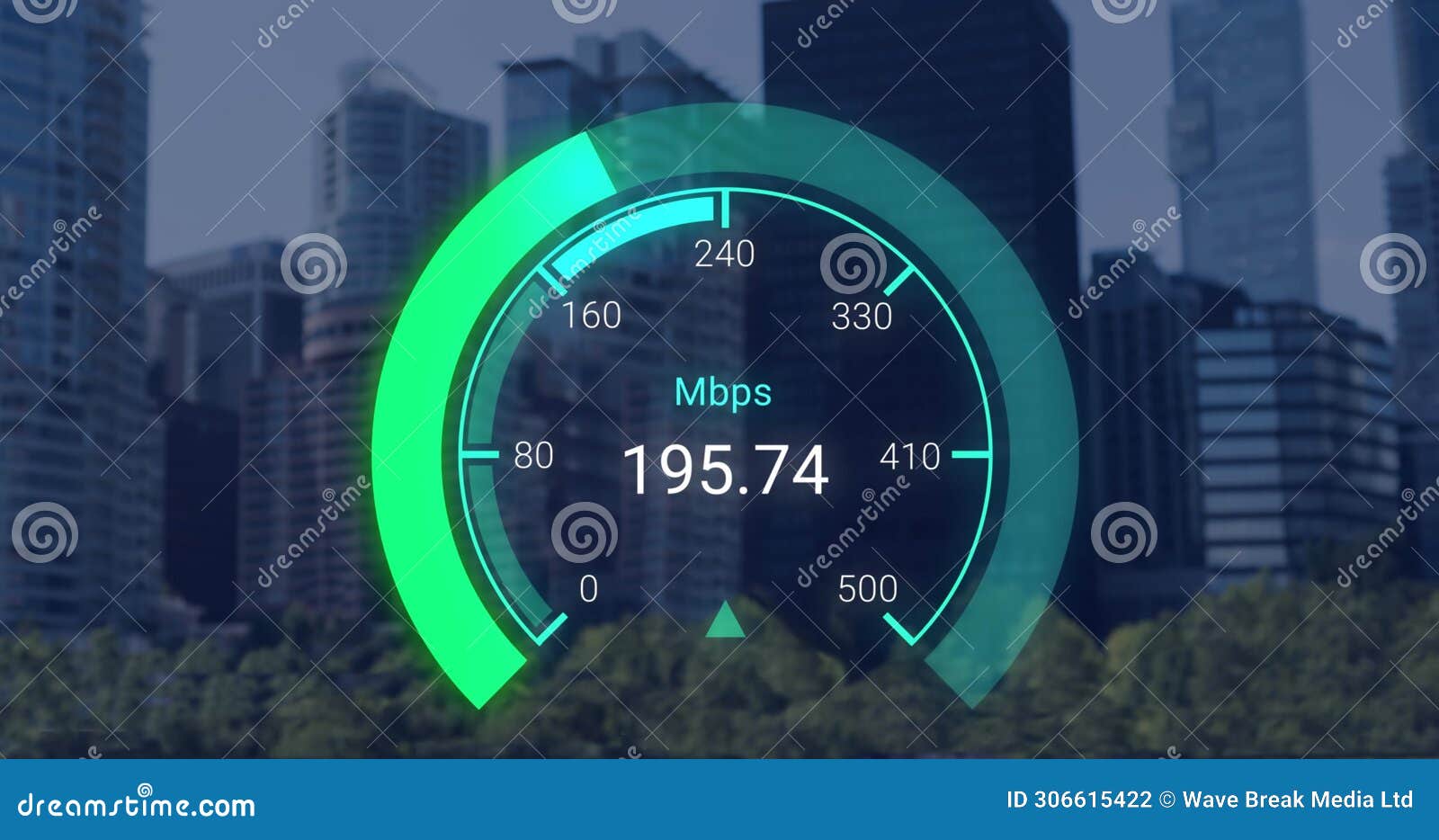 Image of Green Speedometer Over Cityscape Stock Photo - Image of ...