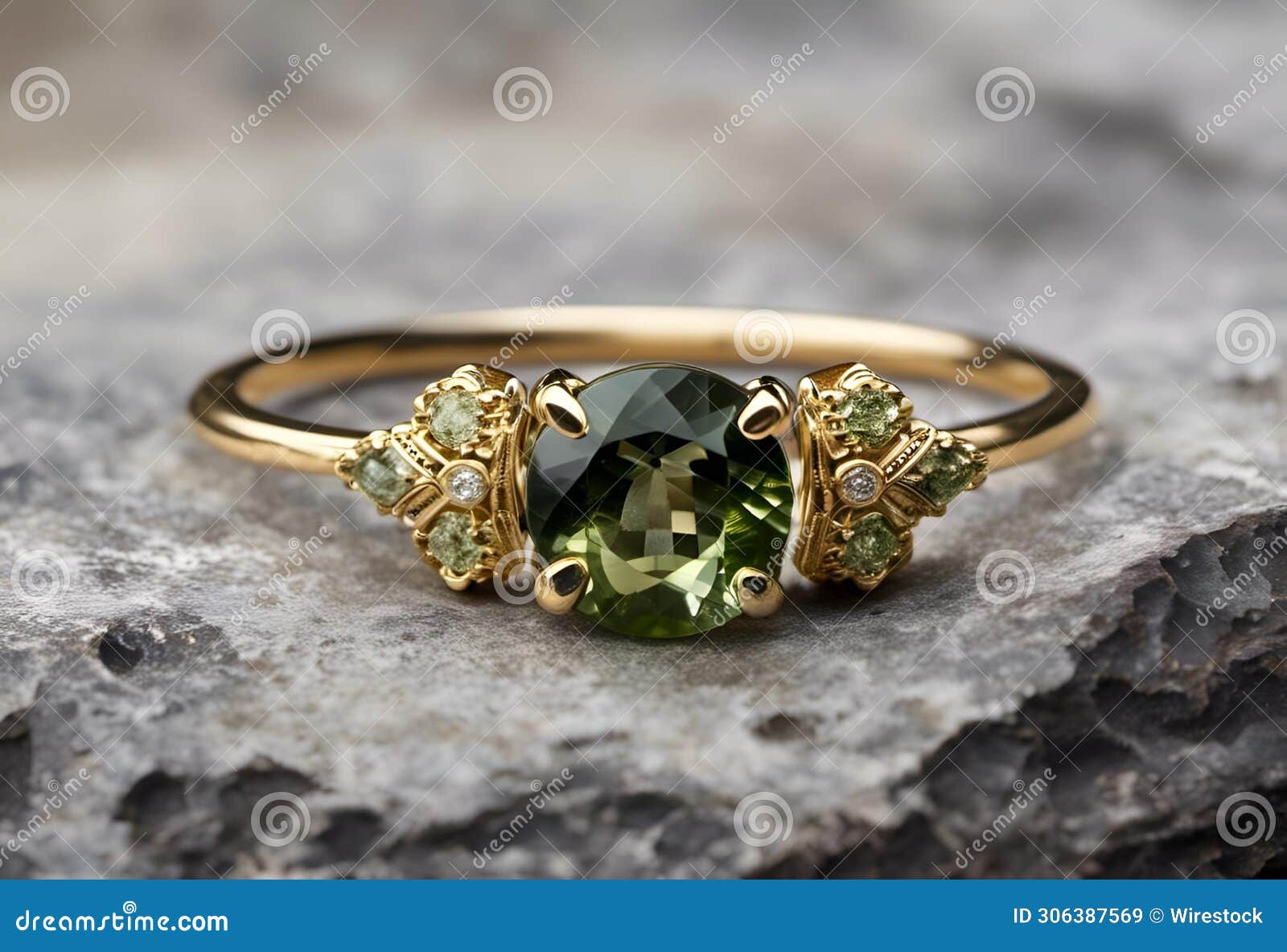 This is an Image of a Green Stone Ring with Three Small Stones Stock ...