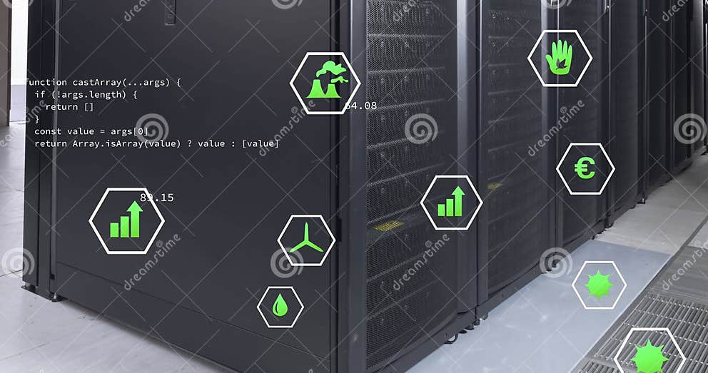 Image of Green Technology Icons and Coding Over Data Server Room Stock Photo - Image of ...