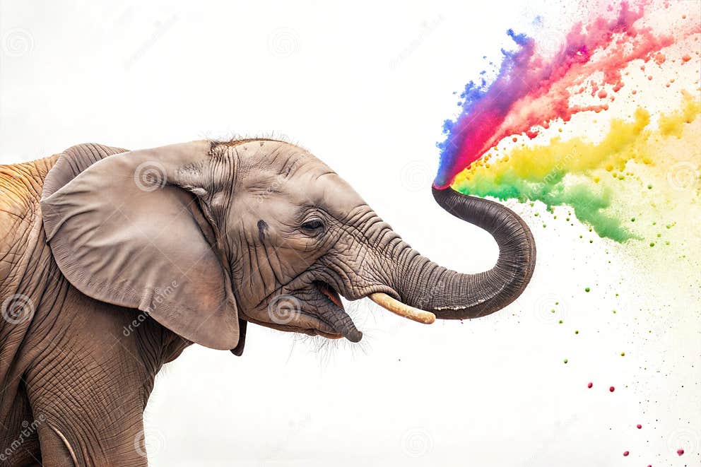 A Image of an Grey Elephant with a Rainbow Colored Spray on Its Trunk ...