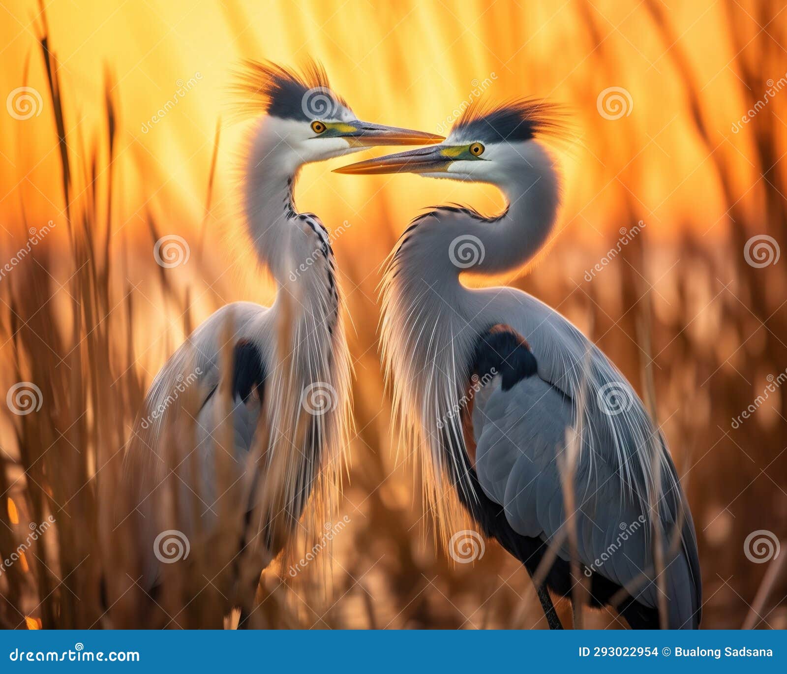 Side View of Grey Herons at Sunset. Stock Illustration - Illustration ...