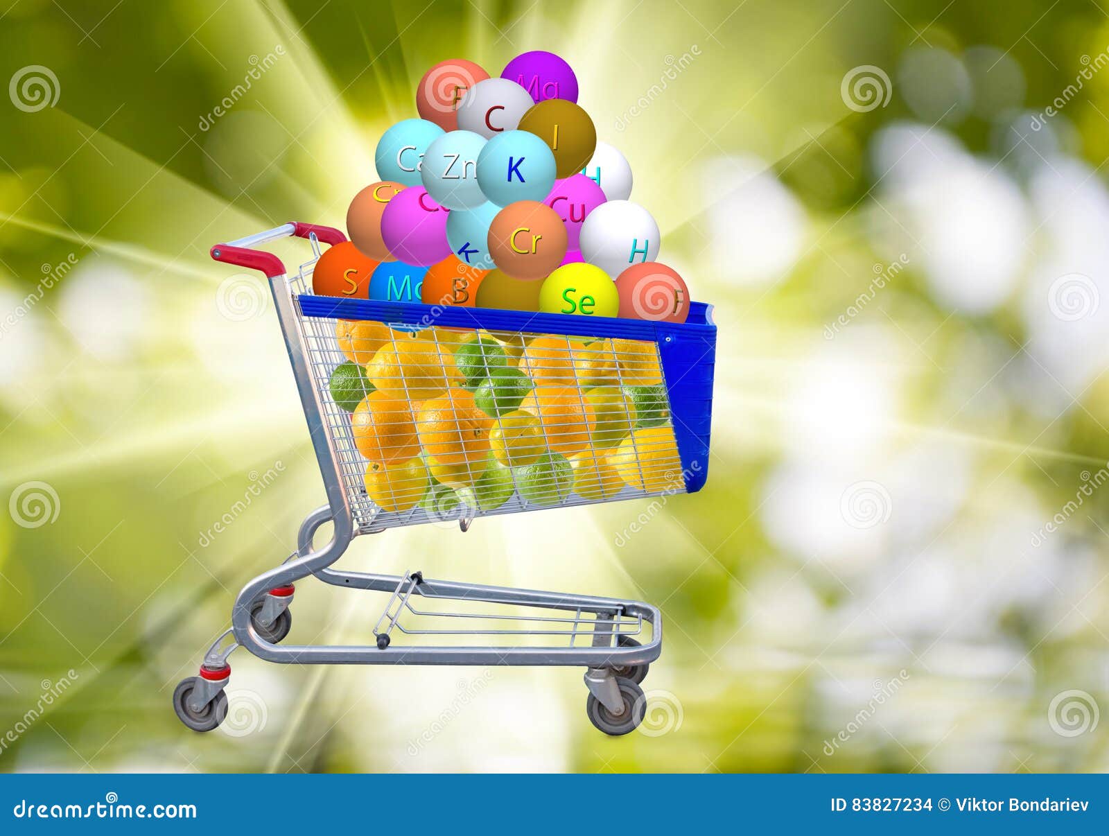 Image of Grocery Carts and Stylized Balls with Vitamins Stock Photo ...
