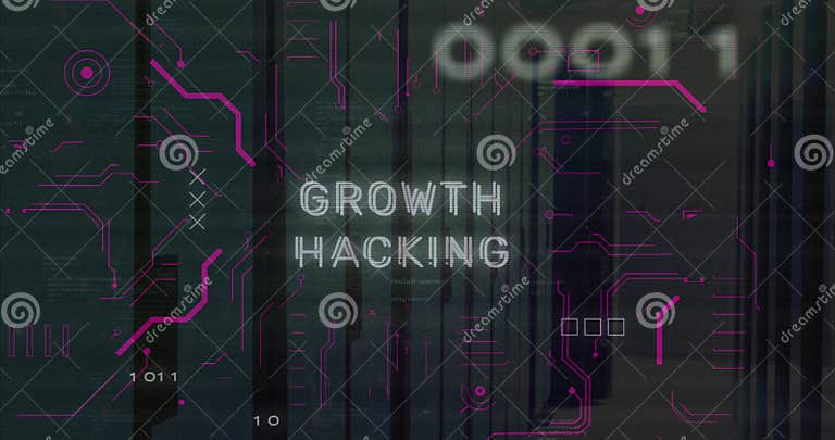 Image Of Growth Hacking Text And Binary Codes Over Computer Language On Server Room Stock Image 
