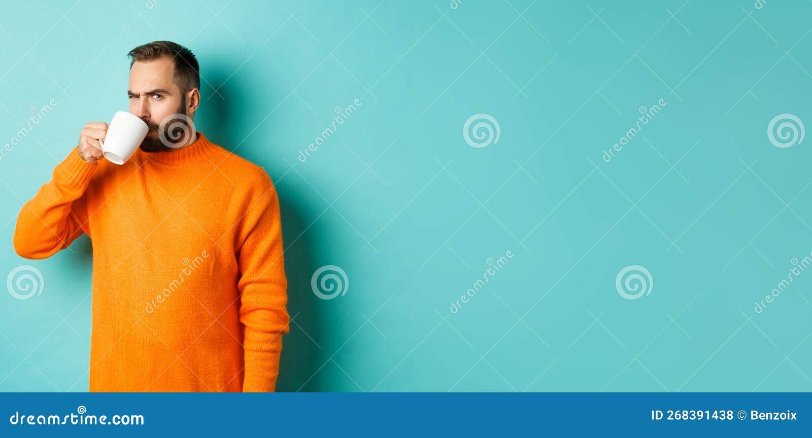 Image of Guy Drinking Coffee and Looking Suspicious at Camera, Stare at ...