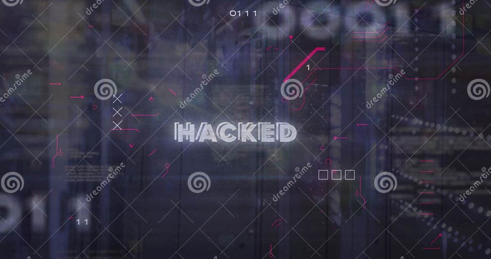 Image Of Hacked Text Binary Codes And Computer Language Circuit Board Pattern Over Server Room