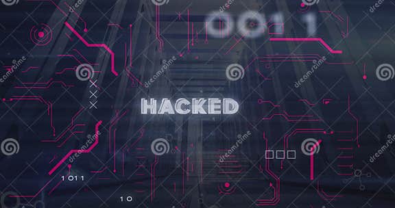 Image of Hacked Text, Binary Codes and Computer Language Over Low Angle View of Server Room ...