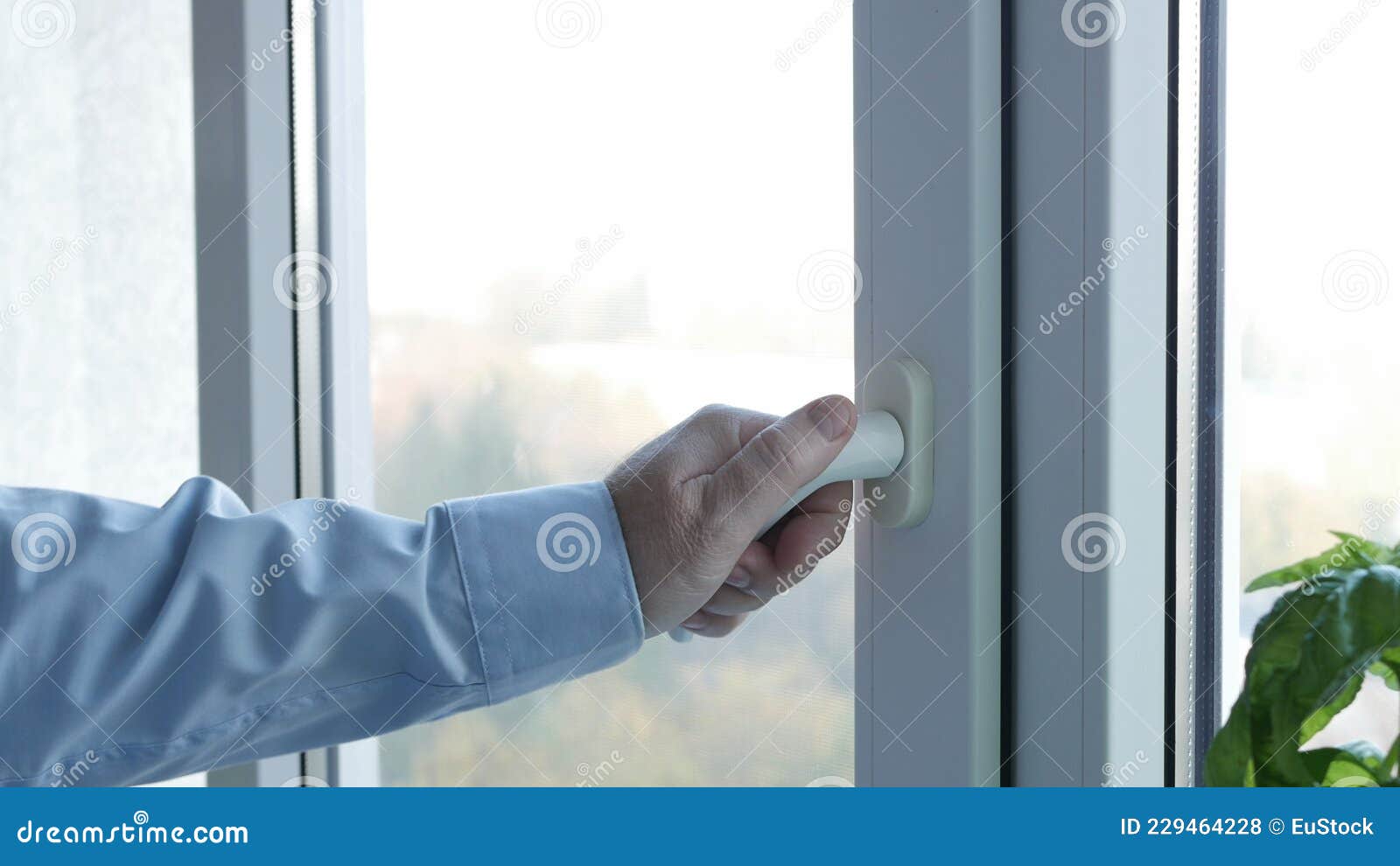 Image with a Hand Opening a Window in Office Room Stock Photo - Image ...
