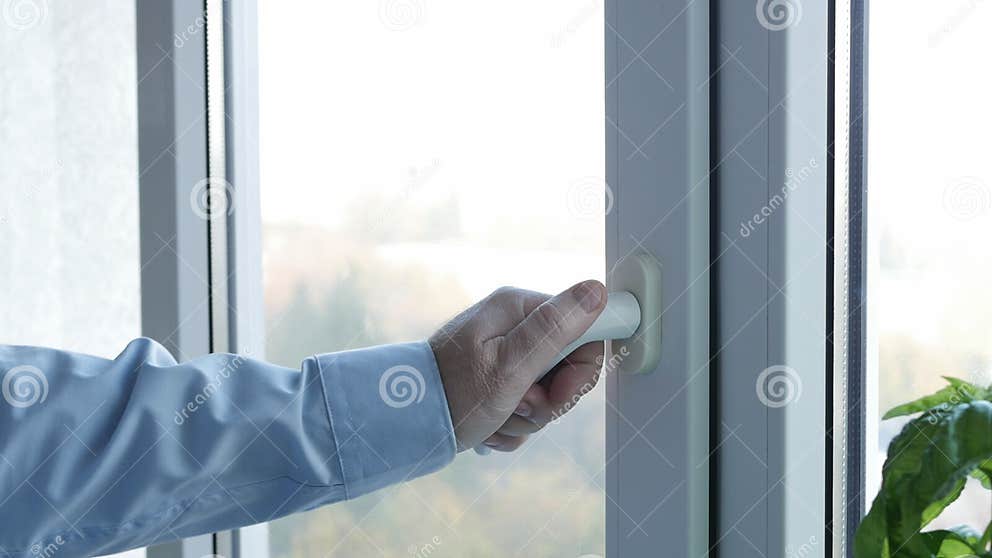 Image with a Hand Opening a Window in Office Room Stock Photo - Image ...