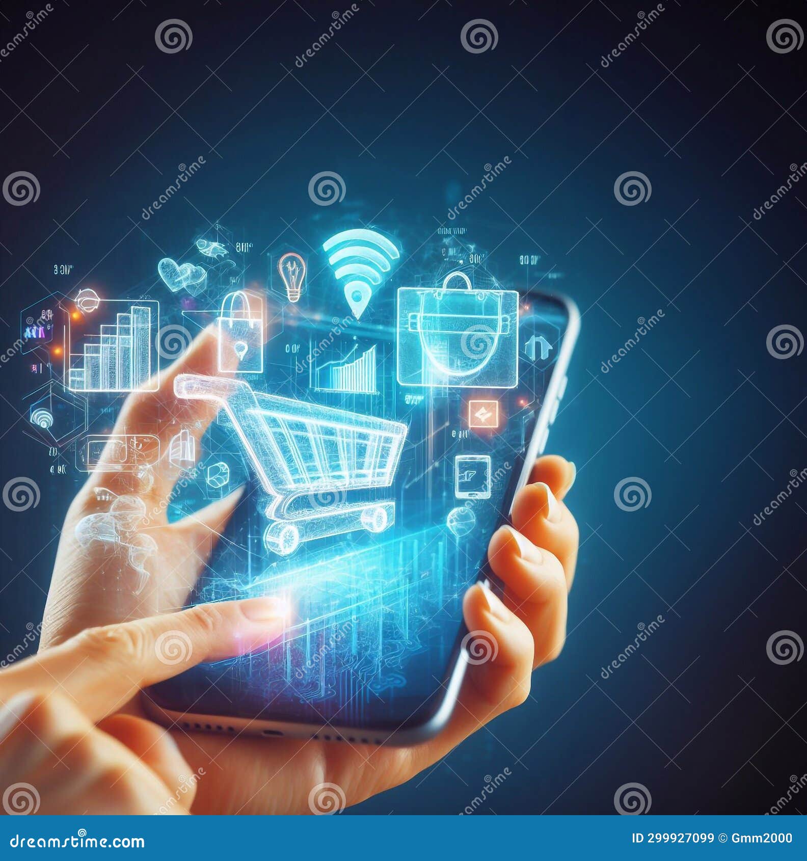 Image of a Hand Using a Mobile Phone and a Holographic Graphic Pop-up ...