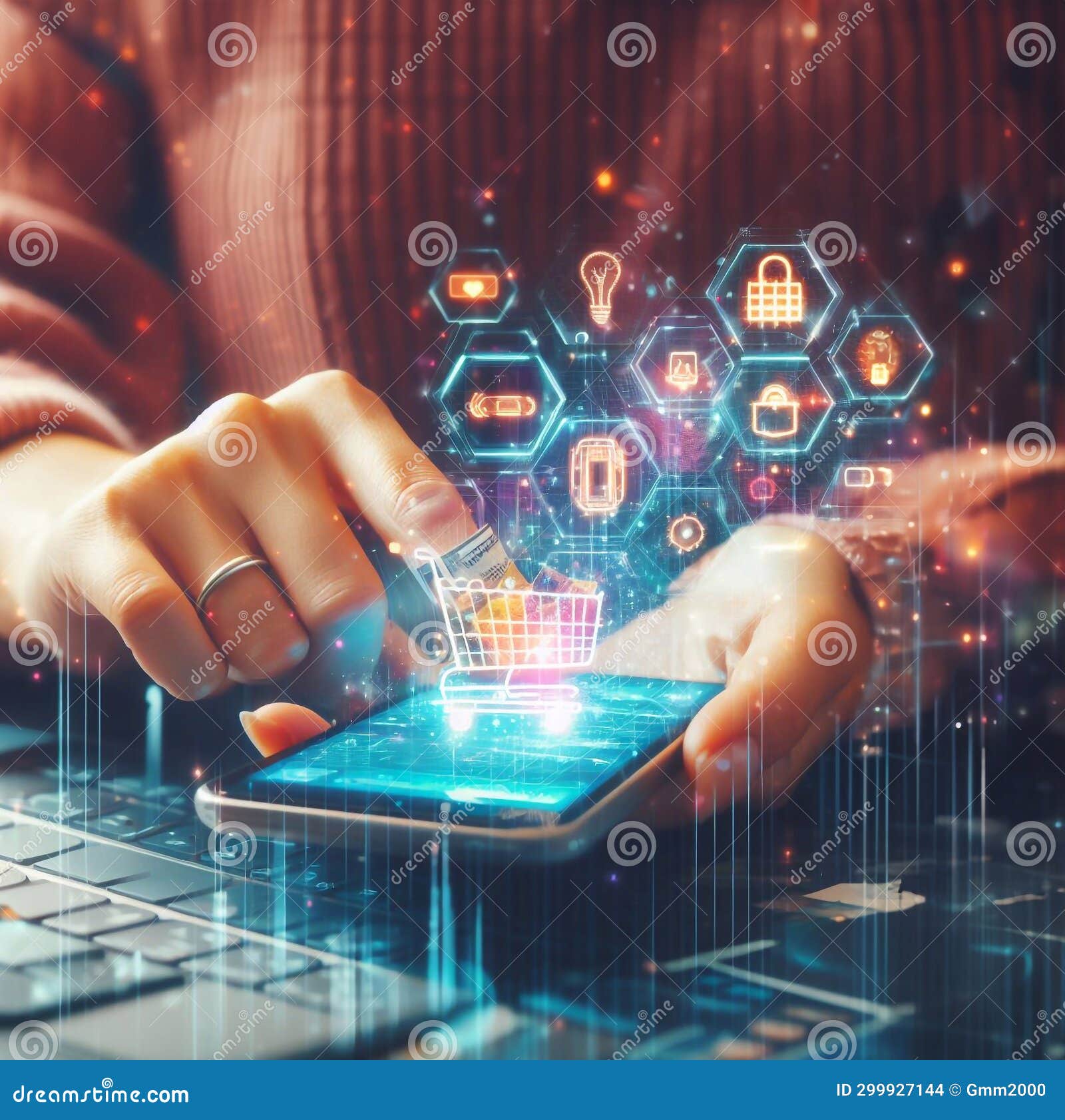 Image of a Hand Using a Mobile Phone and a Holographic Graphic Pop-up ...