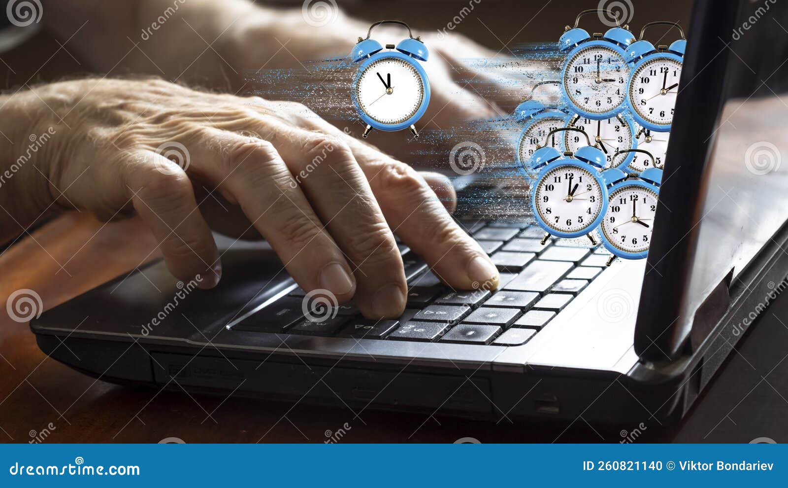 Hands on Keyboard Keys Combined with an Image of a Group of Clocks ...