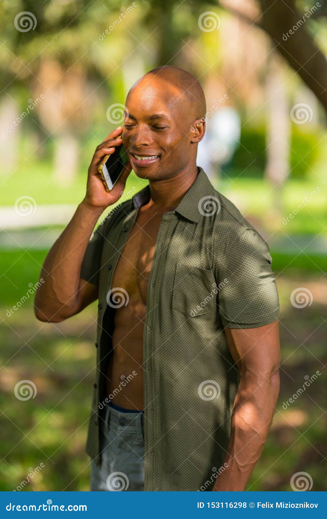 Image Handsome Black Man Talking On The Phone Male Is Smiling With
