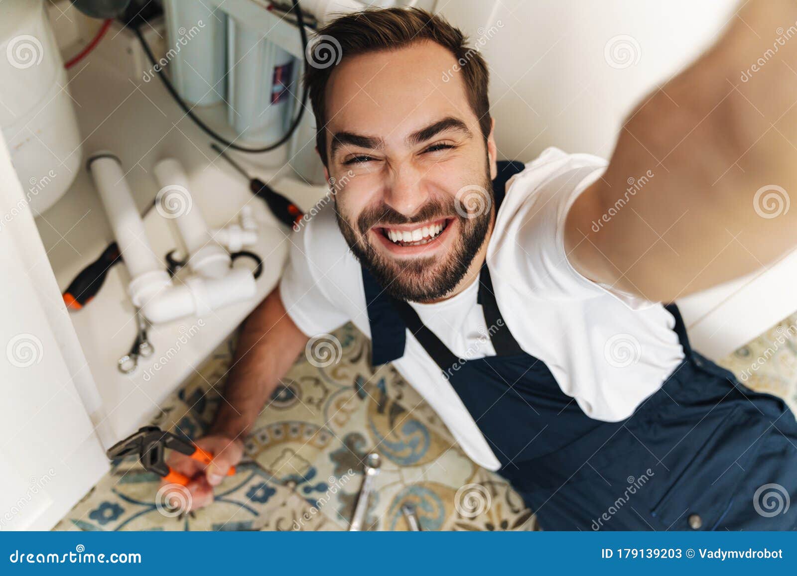 Optimistic Young Man Plumber Work in Uniform Stock Image - Image of ...