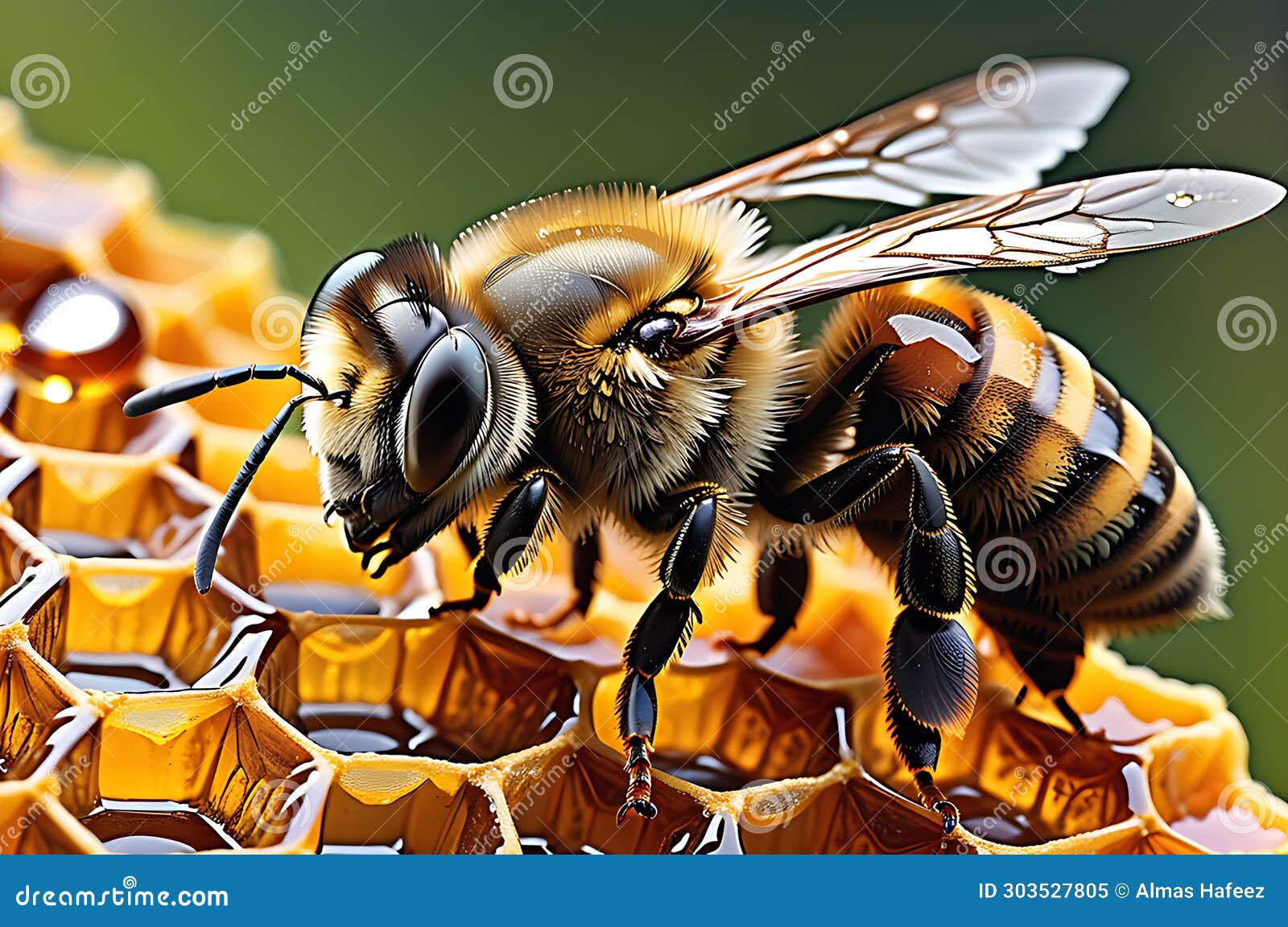 Macro Photography of a Bee Wings Mid-Flap - Perched Delicately on a Glistening Honeycomb Cell ...