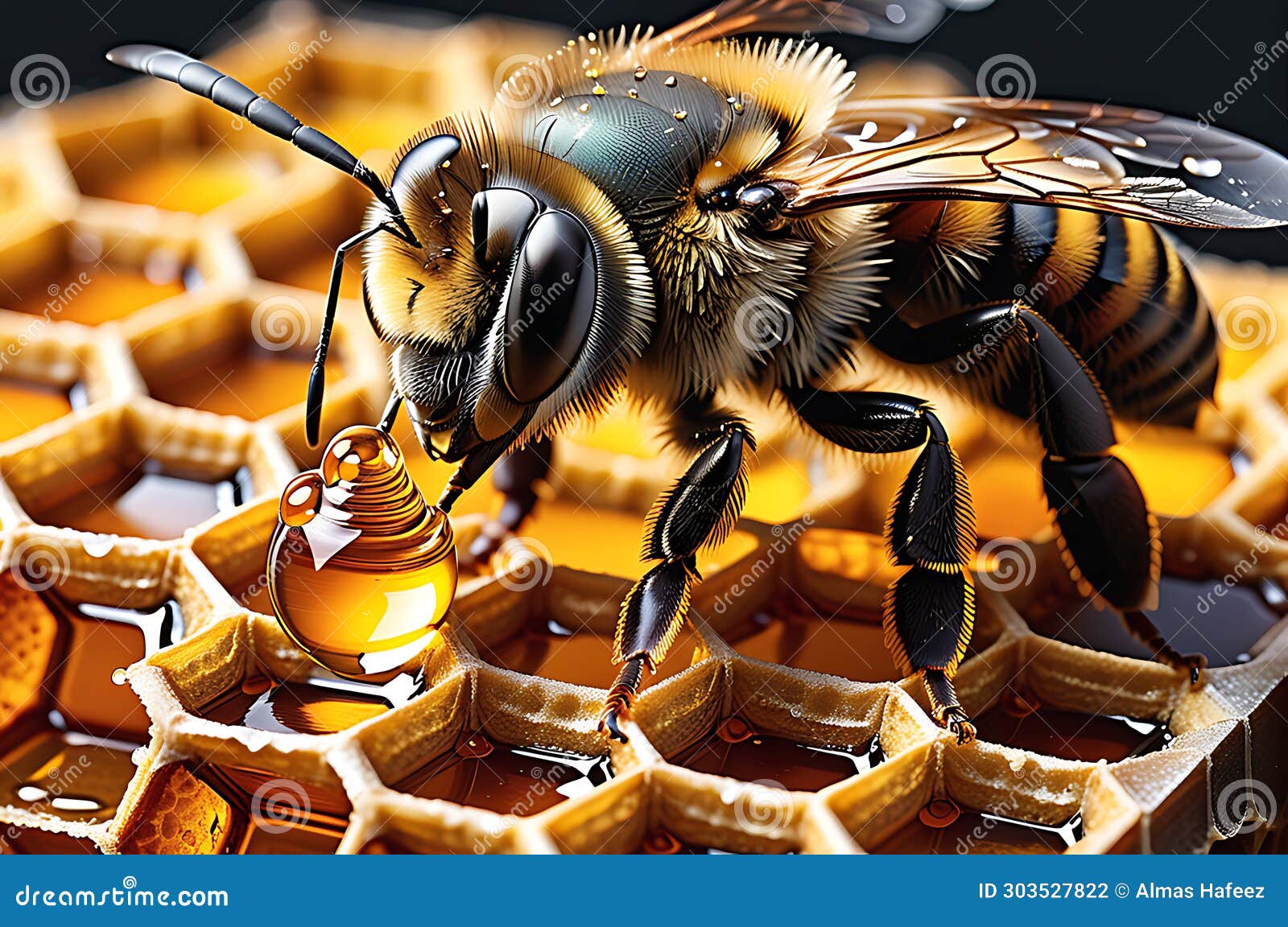Macro Photography of a Bee Wings Mid-Flap - Perched Delicately on a Glistening Honeycomb Cell ...